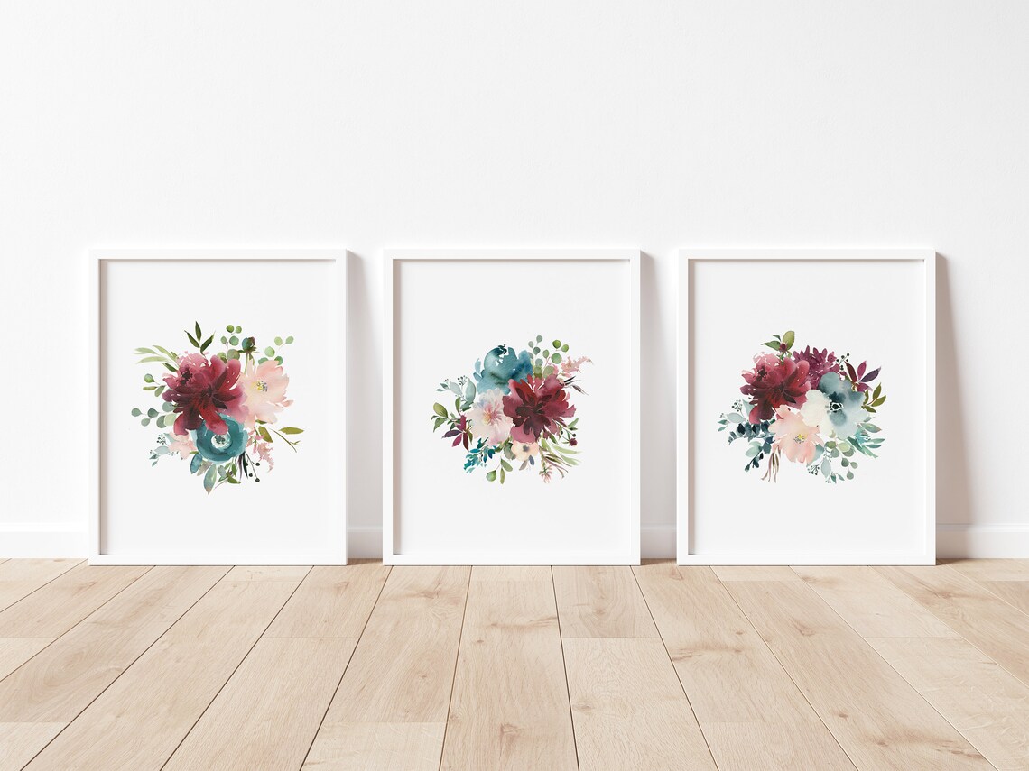 Rose Teal Blush Watercolor Flower Print Set of 3 Printable - Etsy