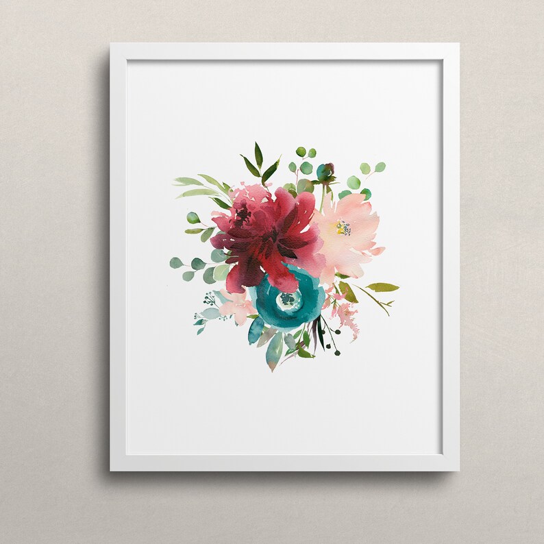 Rose Teal Blush Watercolor Flower Print Set of 3 Printable | Etsy