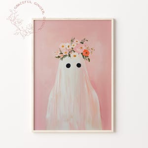 Pink Ghost Art Print: Flower Crown, Spooky Farmhouse Halloween (digital ...