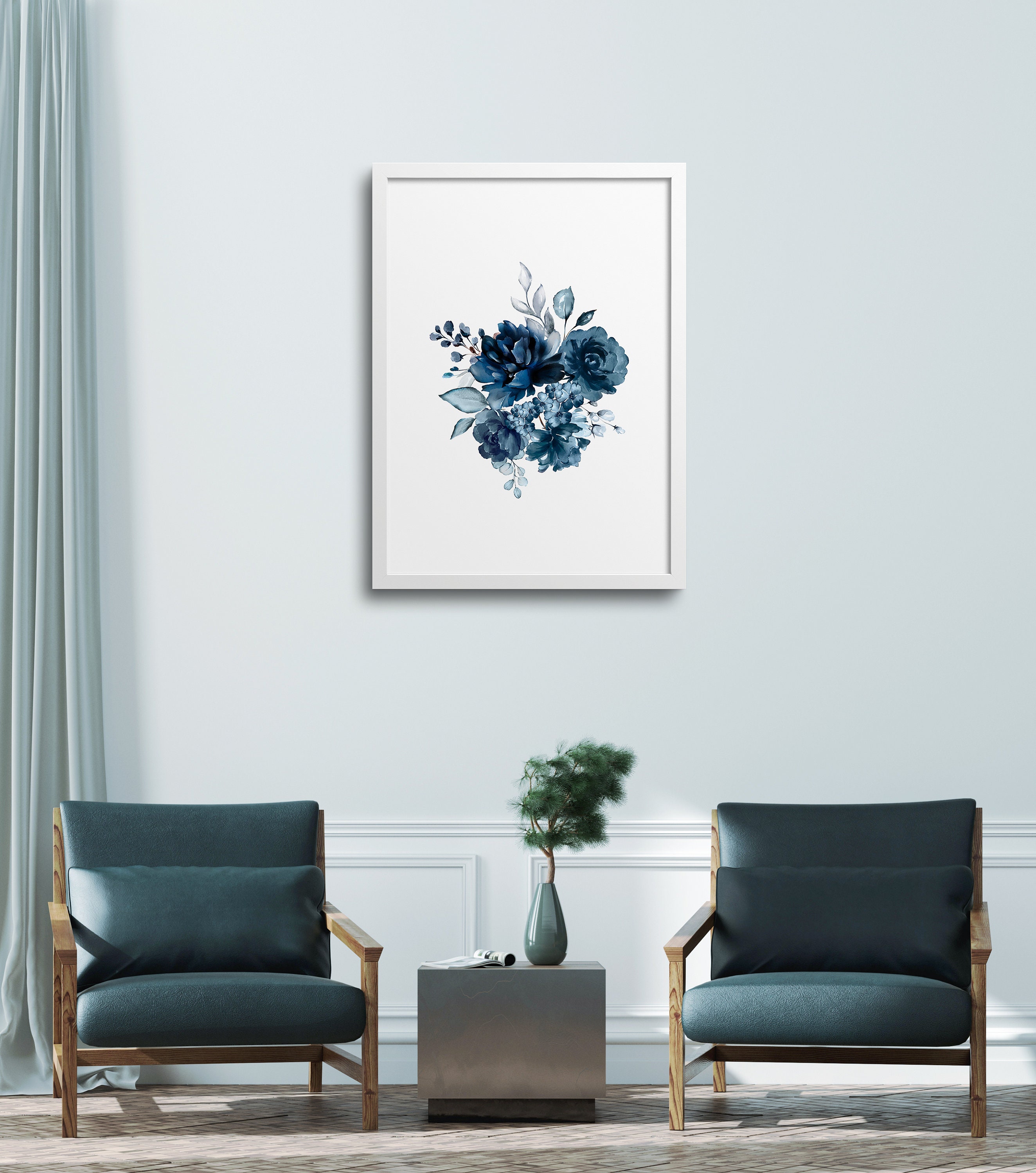 Navy Blue Flower Print Printable Wall Art Floral Bouquet - Etsy