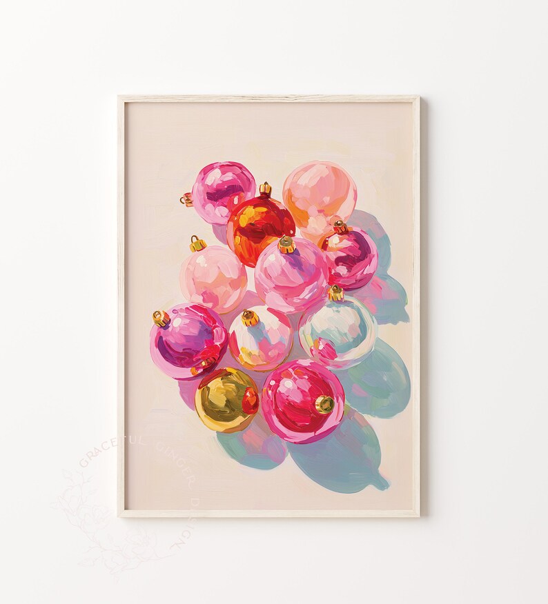 Pink Christmas Baubles Print: Pastel Holiday Ornament Wall Art (digital ...