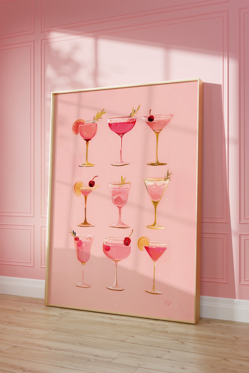 Pink Cocktails Bar Cart Art: Girly Drink Kitchen Wall Print (digital ...