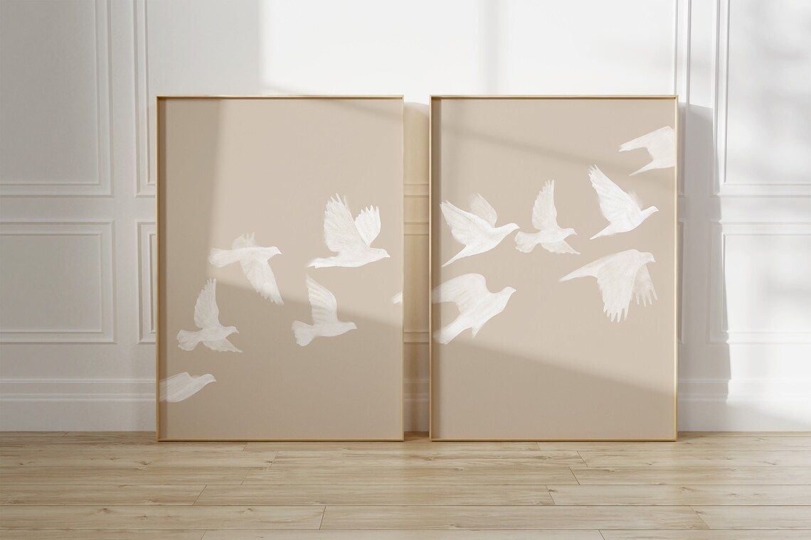 Bird Flock Set of Two Modern Printable Wall Art Beige Decor - Etsy