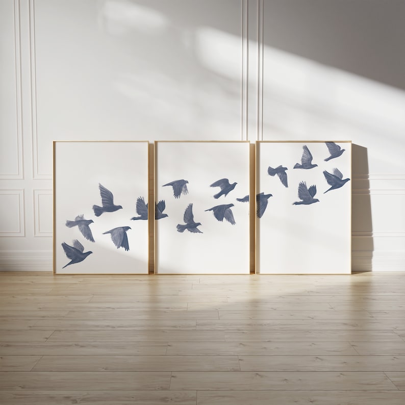 Bird Flock Print Set of 3: Modern Navy Blue Flying Birds (digital ...