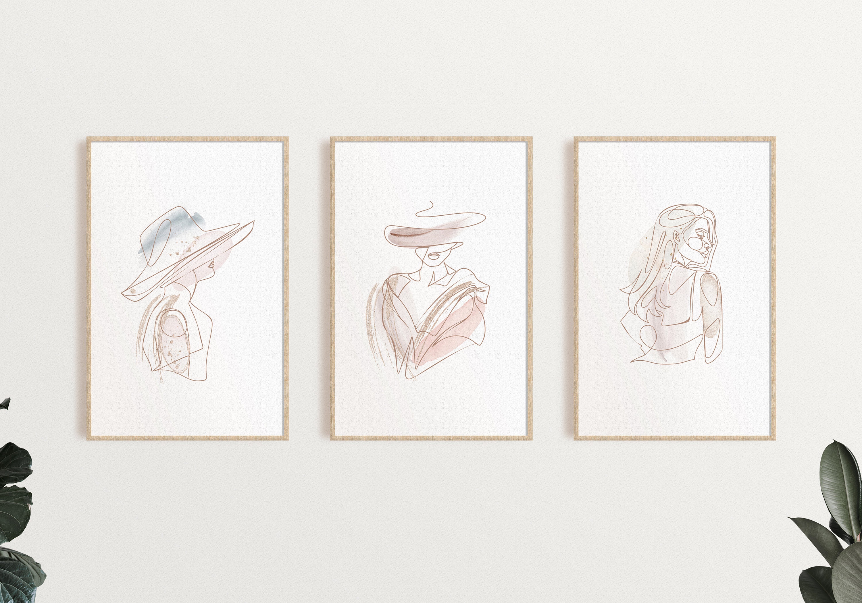 Female Line Print Set Of 3 Wall Art Blush Teal Natural | Etsy