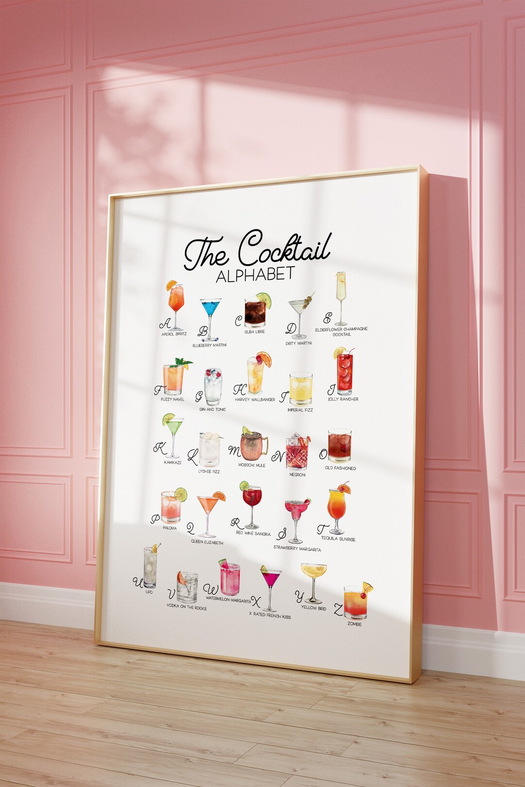 Cocktails Print, Bar Cart Wall Art, Watercolour Cocktail Alphabet ...