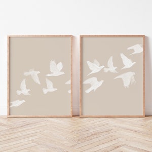 Bird Flock Set of Two, Modern Printable Wall Art, Beige Decor, Flying ...