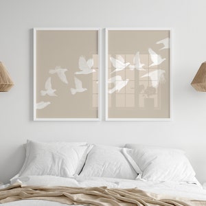 Bird Flock Set of Two, Modern Printable Wall Art, Beige Decor, Flying ...