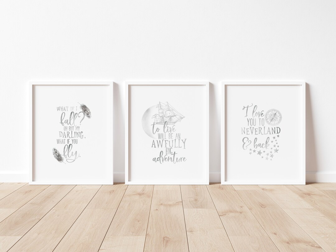 Peter Pan Quotes Nursery Print Set of 3, Gray Watercolor Printable Wall ...