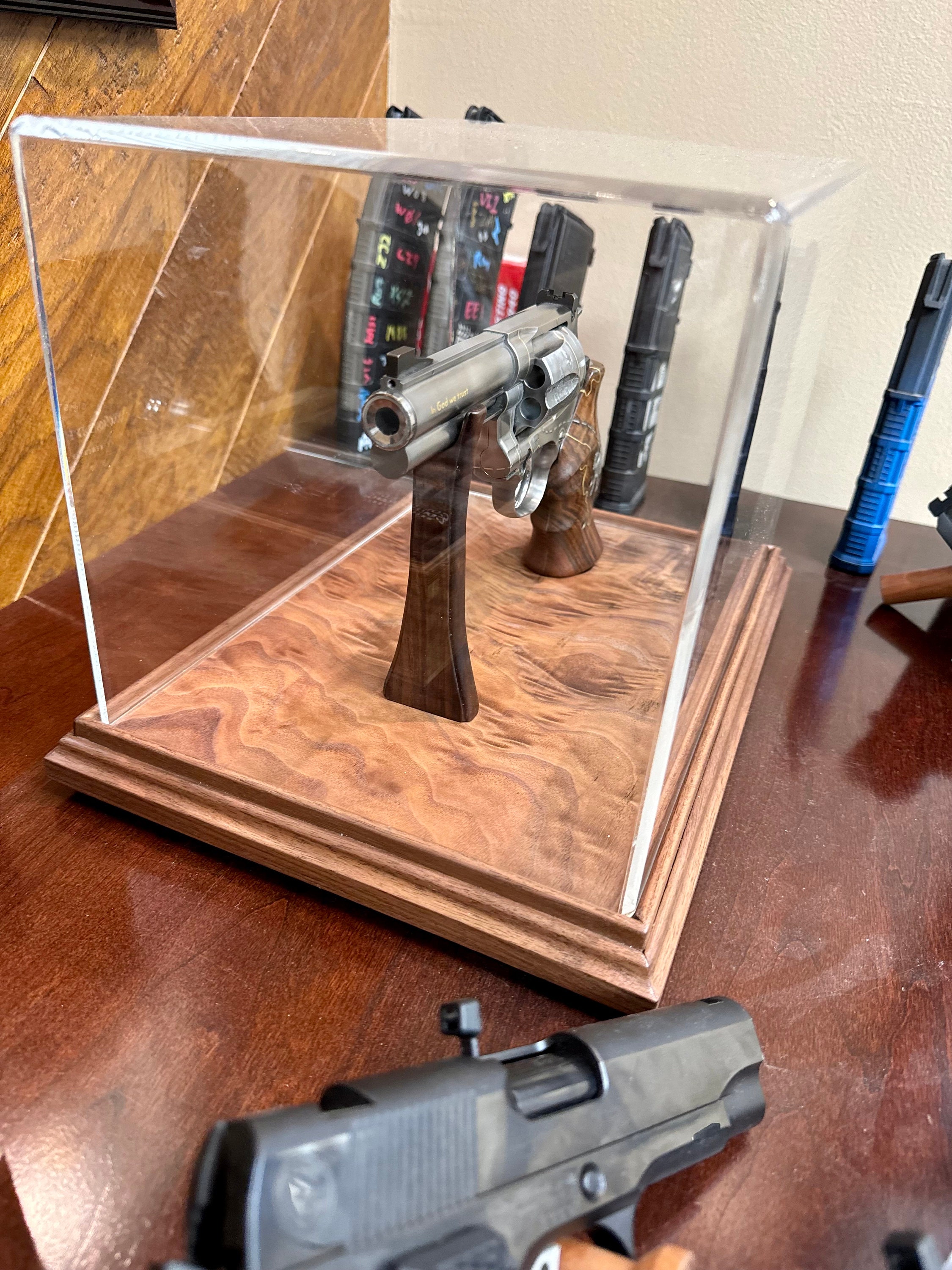 Handcrated Figured Walnut Pistol Display Stand With Five Sided Acrylic ...
