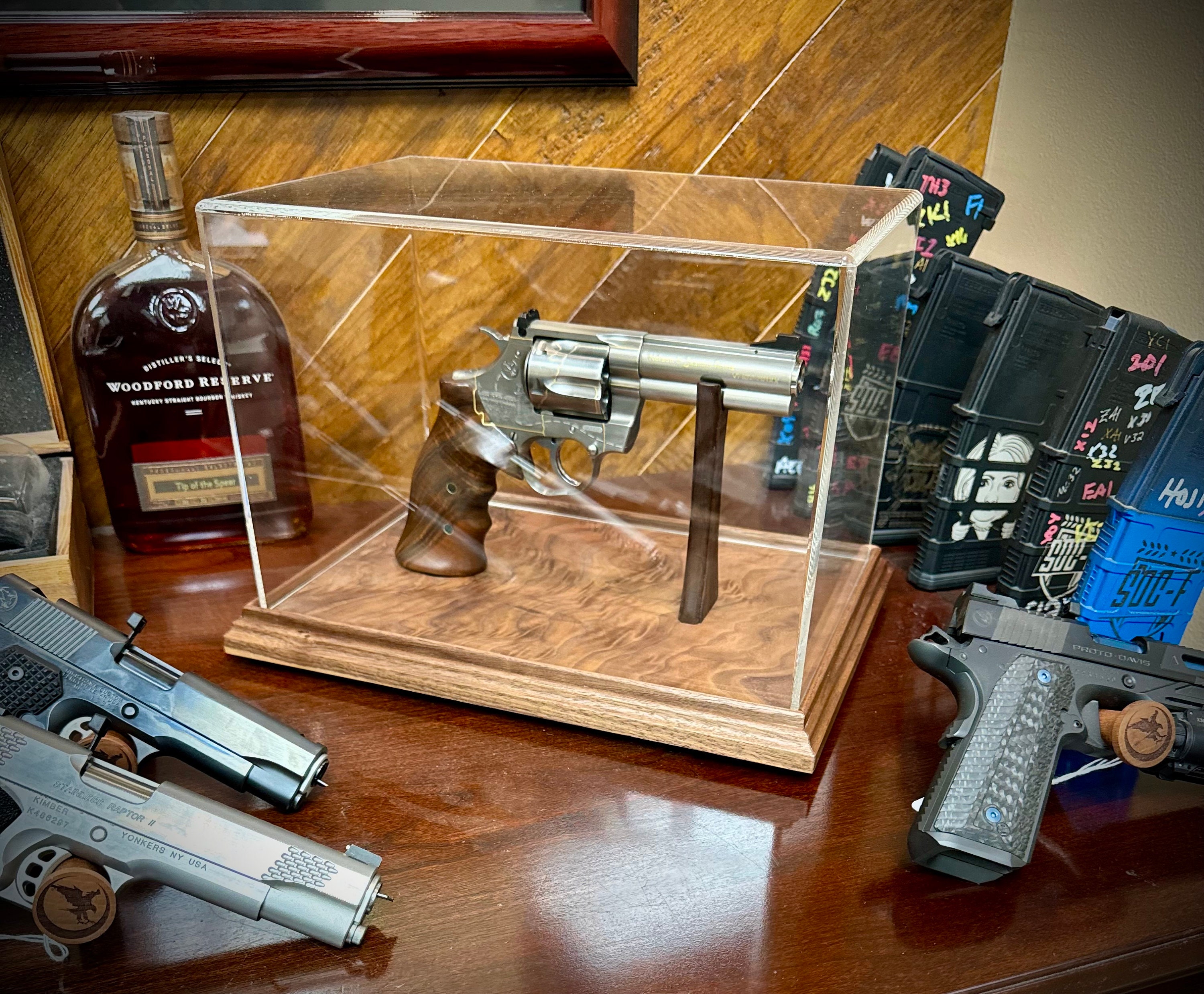 Handcrated Figured Walnut Pistol Display Stand With Five Sided Acrylic ...