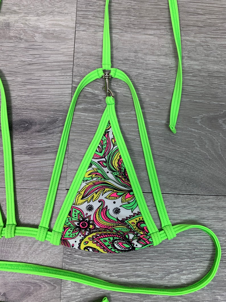 Micro Triangle Bikini Top Neon Green Paisley Print Rave - Etsy