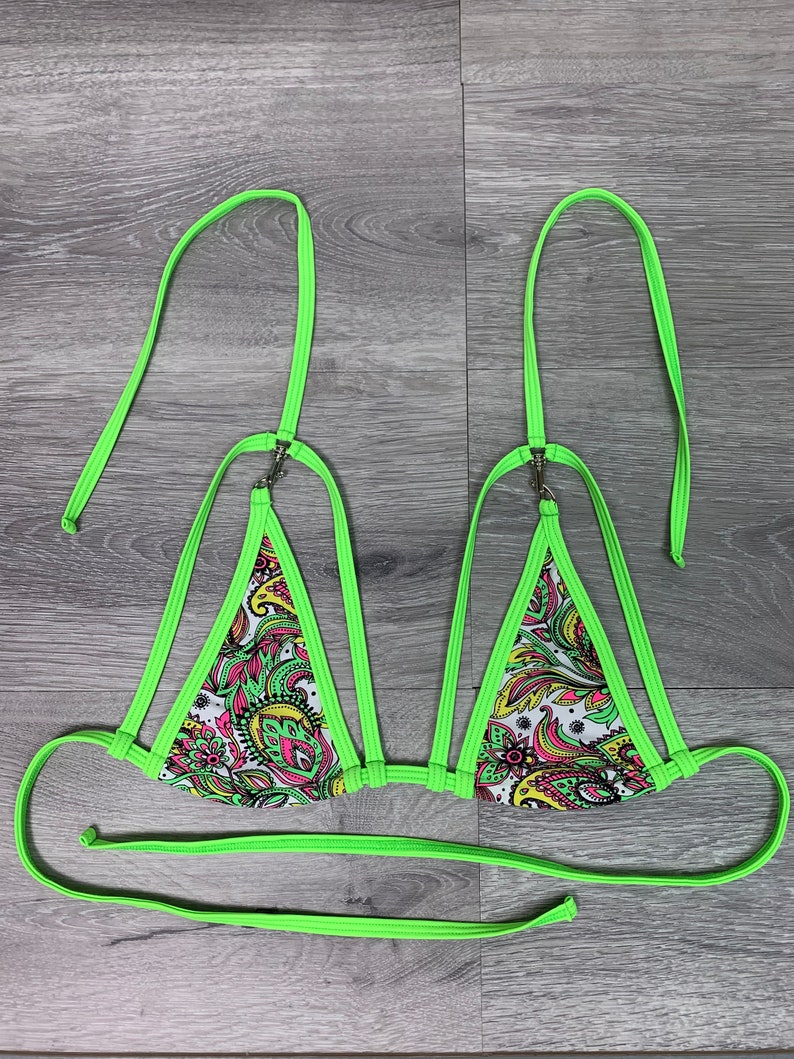 Micro Triangle Bikini Top Neon Green Paisley Print Rave - Etsy