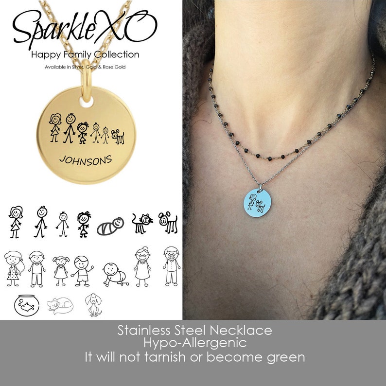 Family Necklace Stick Figure Necklace Gold Disc Necklace Personalized ...