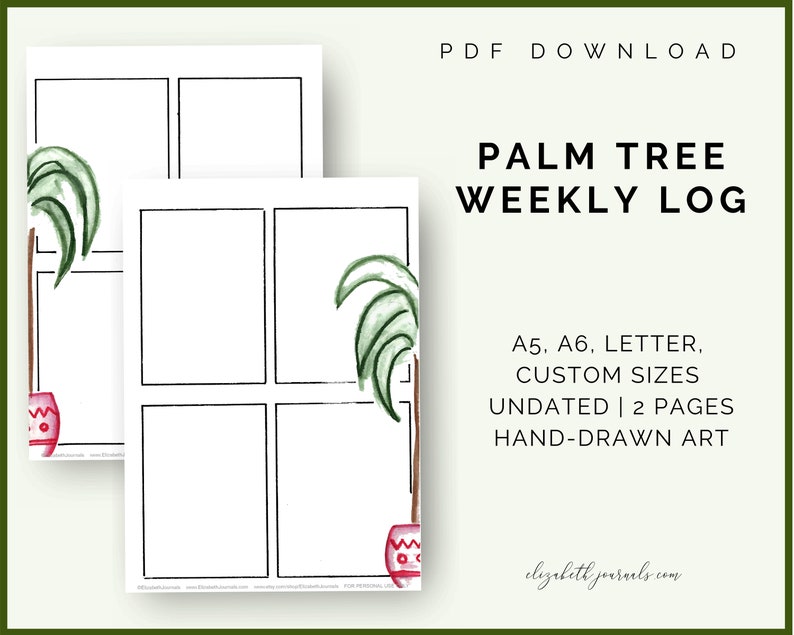Watercolor Palm Tree Weekly Log Grid Style A5 Size - Etsy
