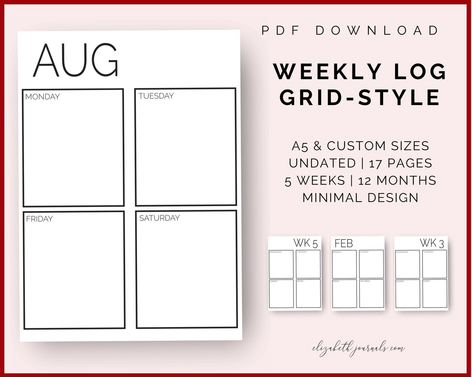 Printable Minimal Weekly Grid A5 Size Includes 12 Months | Etsy