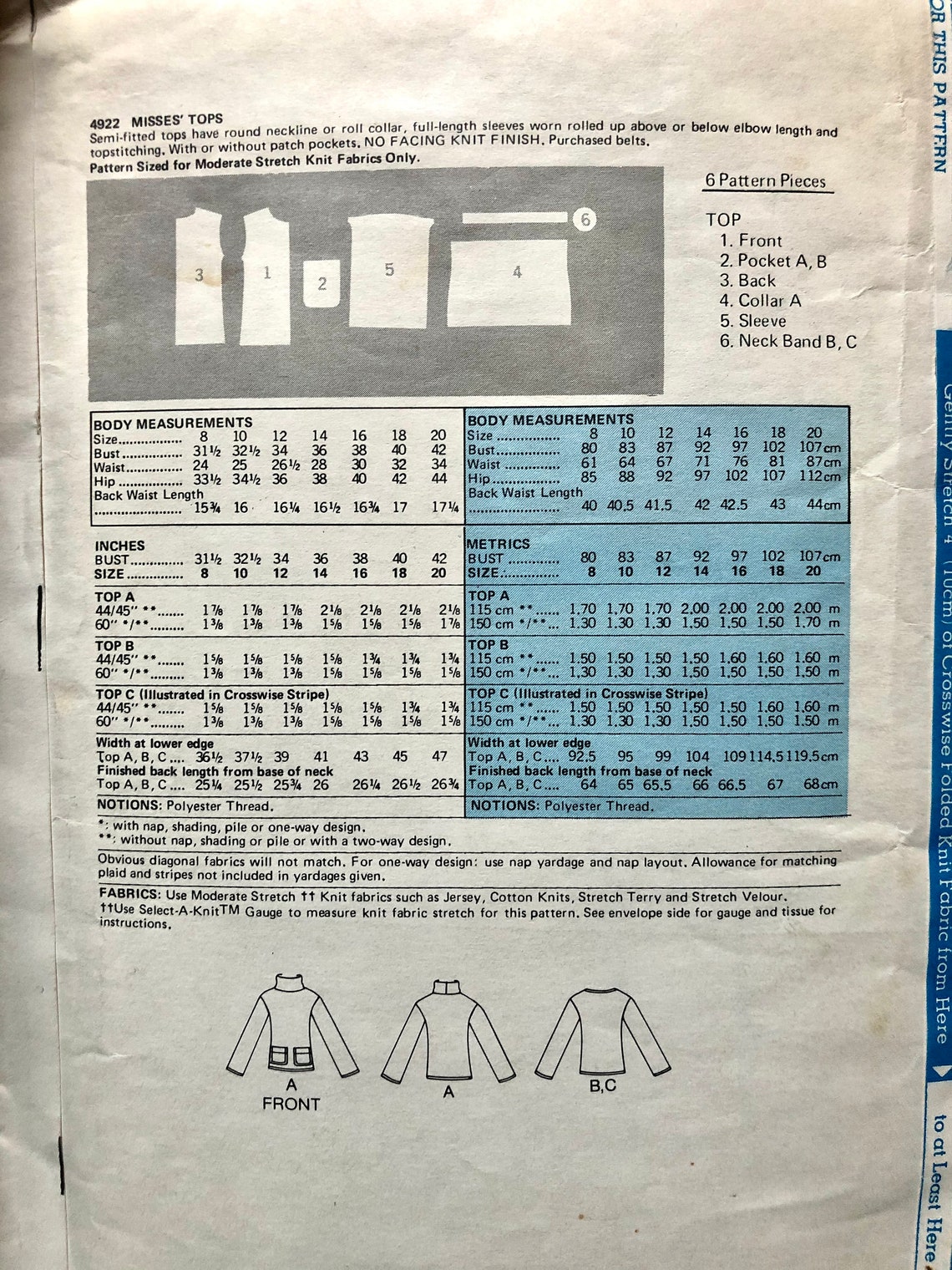 70s Top Sewing Pattern / Vintage Shirt / Blouse for Knit - Etsy