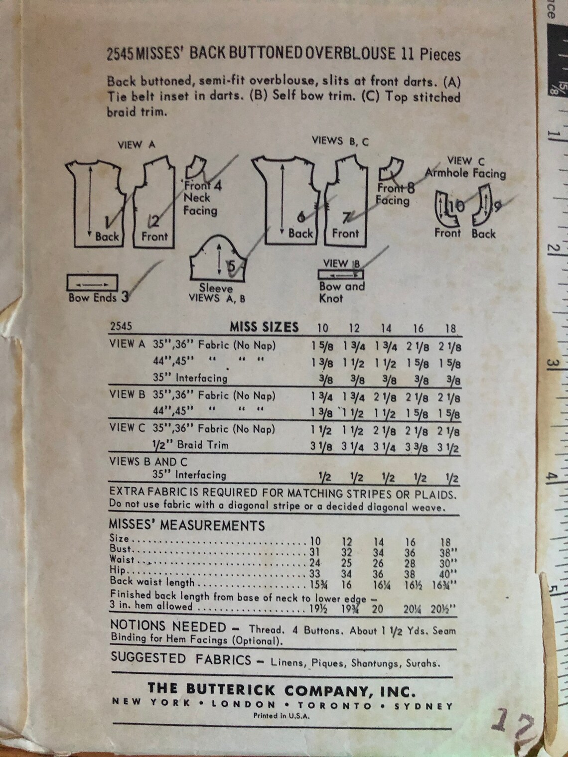 1960s Women's Tops Sewing Pattern / 60s Vintage Back - Etsy