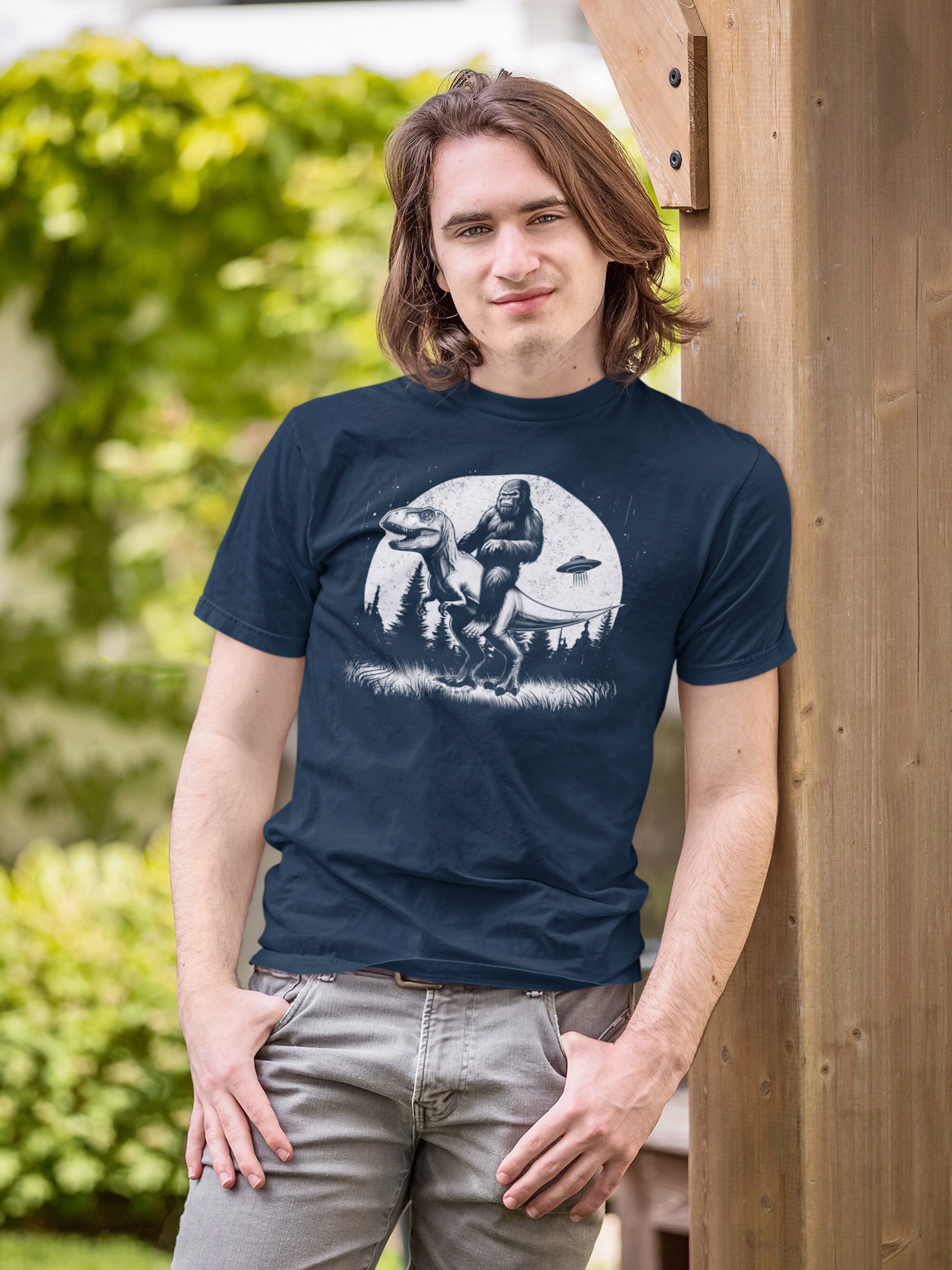 Bigfoot Shirt, Bigfoot Riding Dinosaur Shirt, Bigfoot UFO Shirt, Funny ...