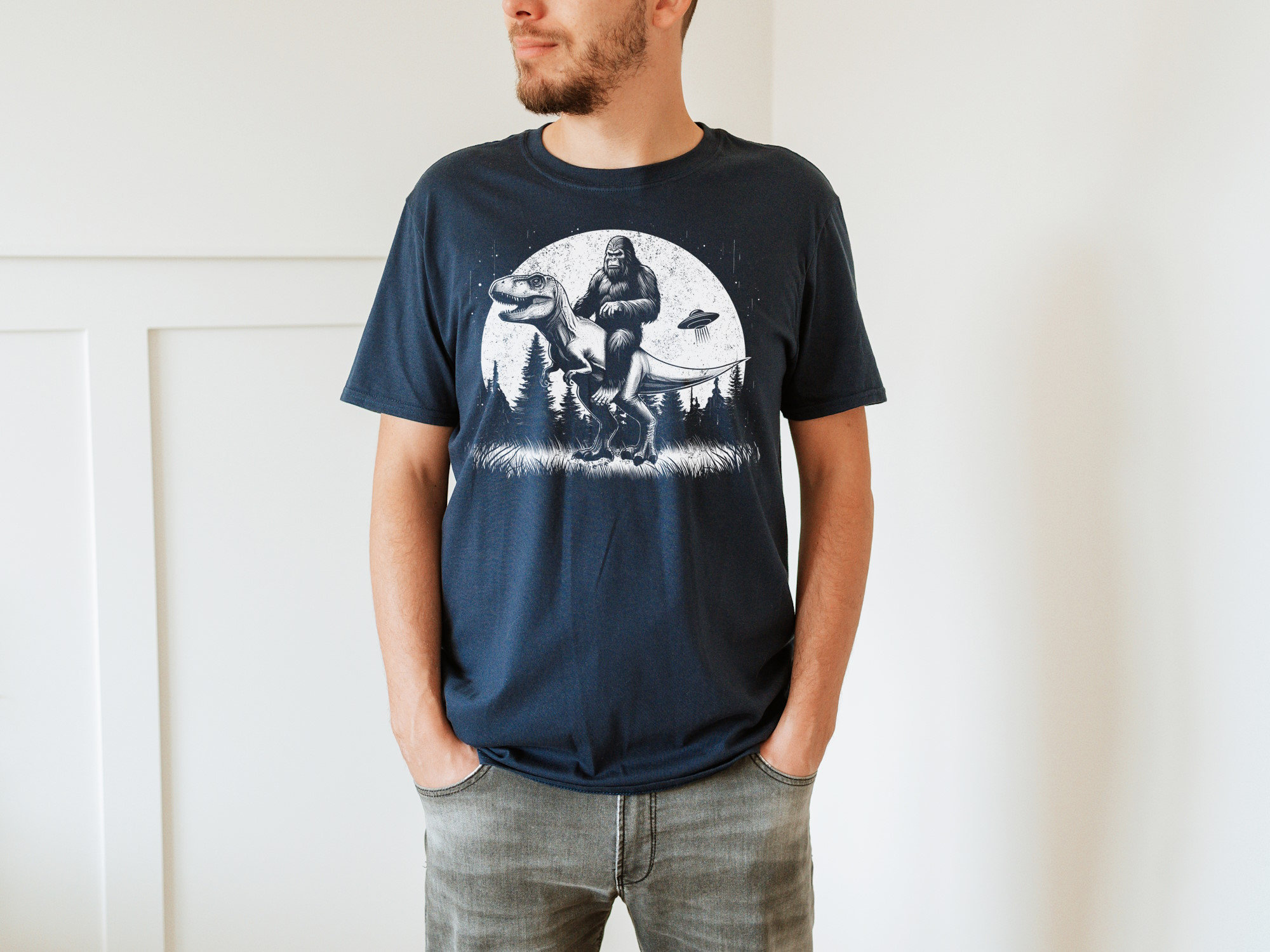 Bigfoot Shirt, Bigfoot Riding Dinosaur Shirt, Bigfoot UFO Shirt, Funny ...