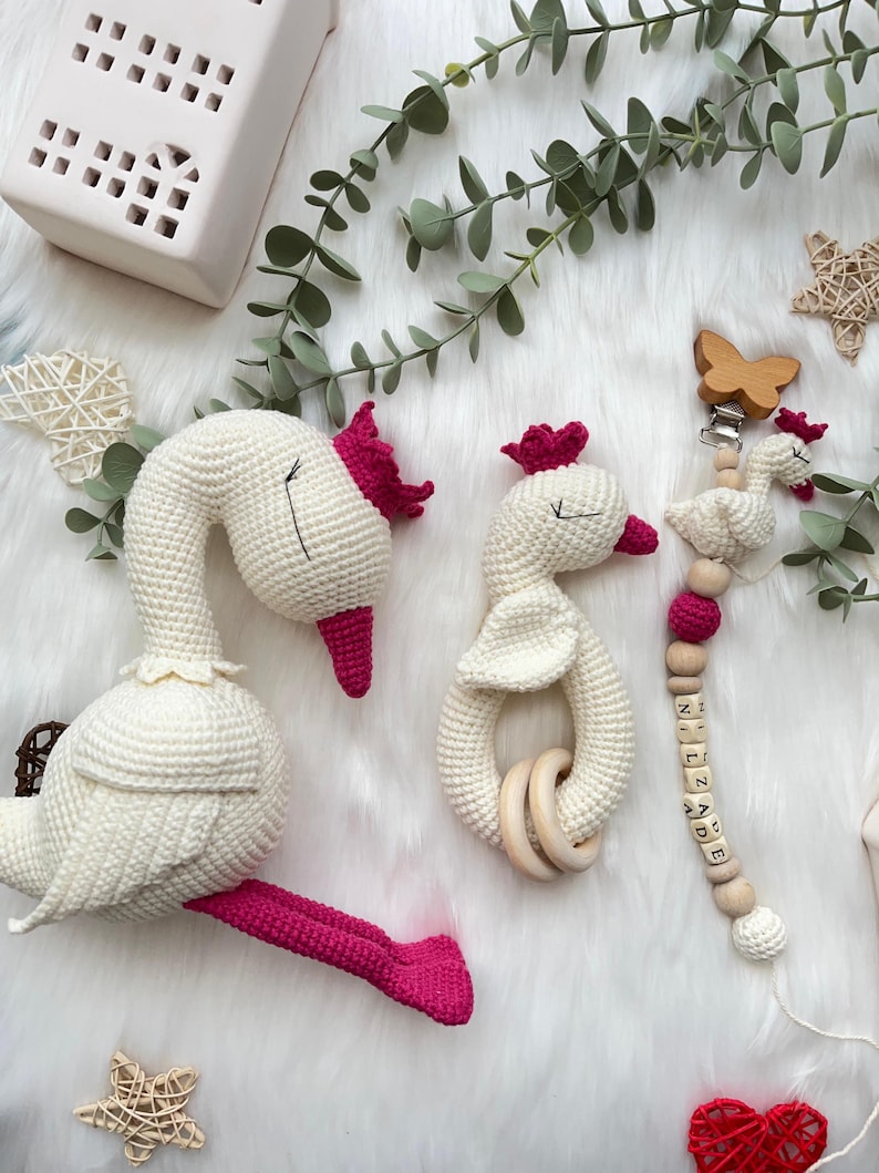 Crocheted Swan Pacifier Chain and Rattle Set, Granddaughter Gift Idea ...