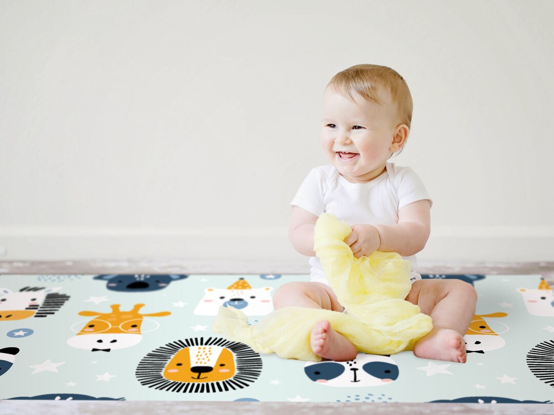LEO Art Mat, Baby Blue Vinyl Kids/baby Floor Mat, Cute Animal Design ...