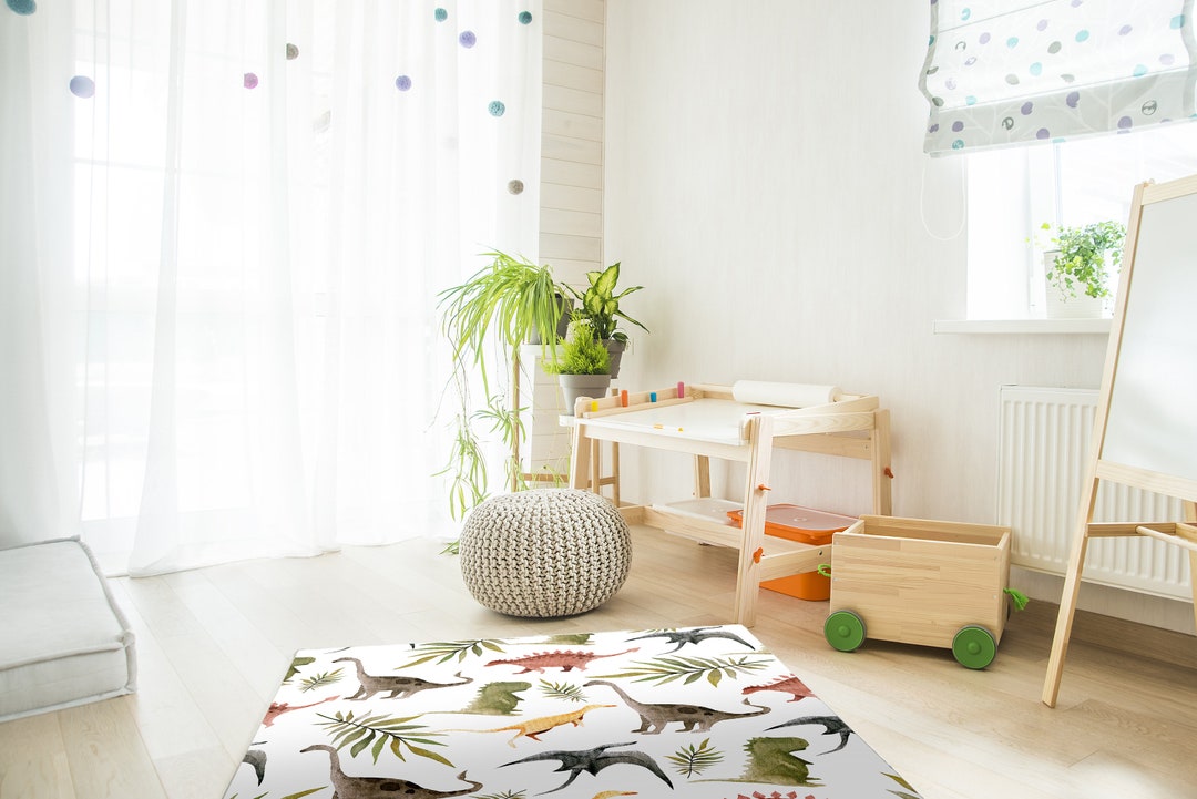 DINOSAURS Art Mat, White Vinyl Kids/baby Floor Mat, Dinosaurs Design ...