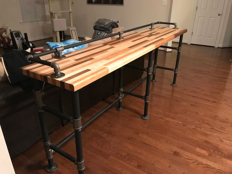 Industrial black pipe butcher block couch table. | Etsy