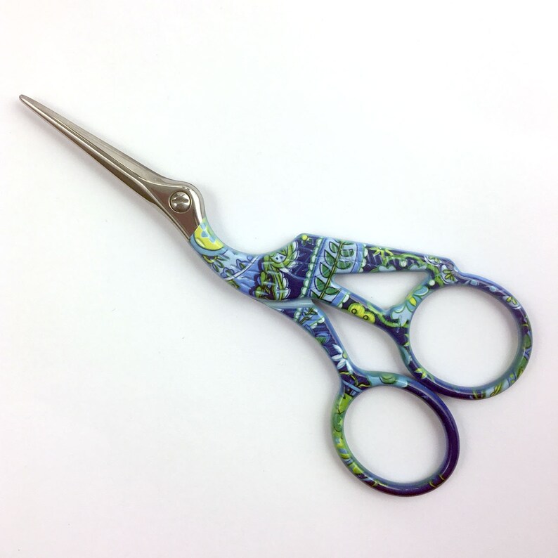 Blue Floral Stork Embroidery Scissors | Small Fine Tip Egret Heron Bird ...