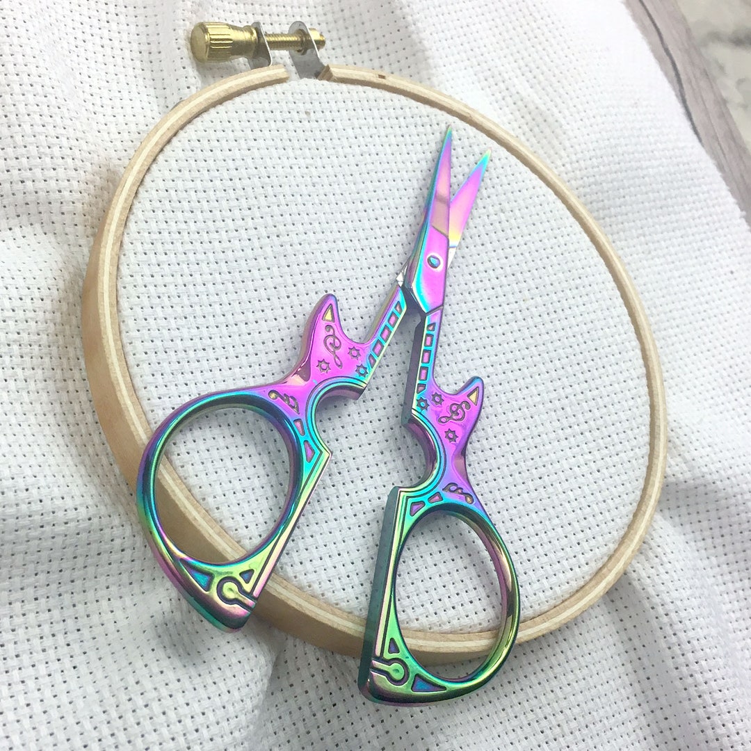 Iridescent Guitar Embroidery Scissors- Extra Sharp Fine Tip | Small Silver or Rainbow Cross ...