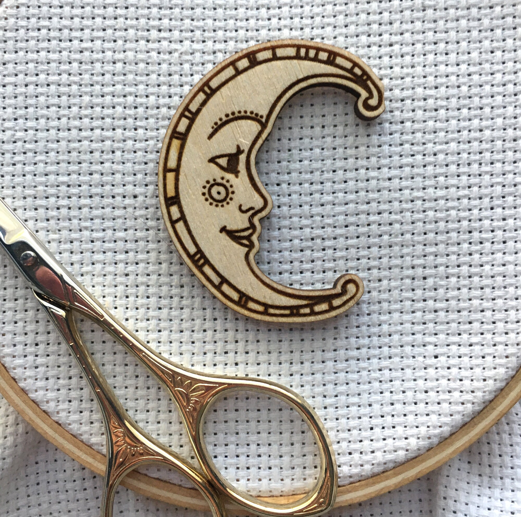 Ornate Smiling Sun & Moon Needle Minders (set of 2) Engraved Wooden ...