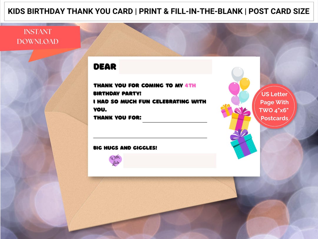 Printable Thank You Cards for Kids | Fill-in-the-blank | Birthday Thank ...