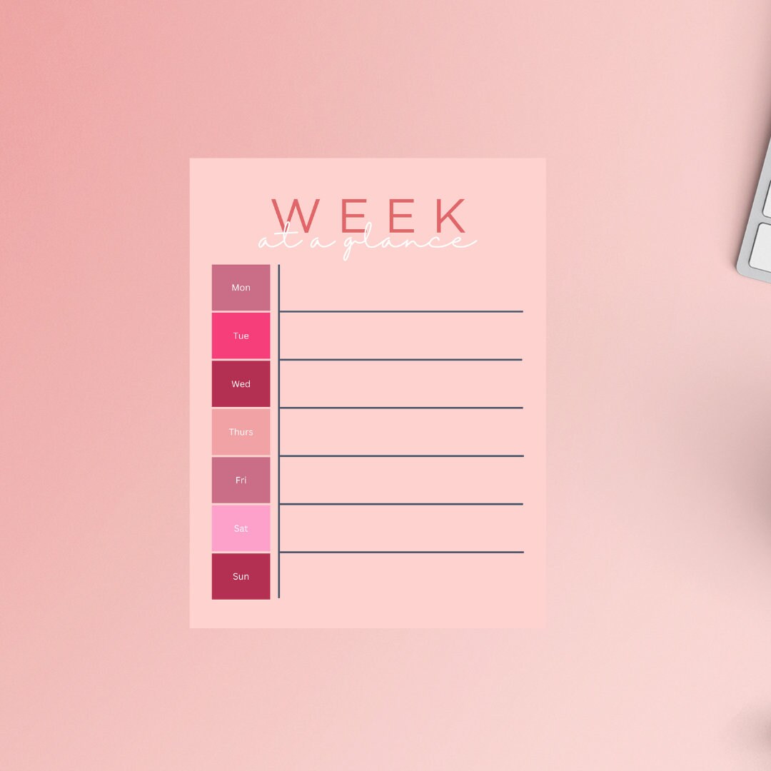 Week at a Glance, Pink Weekly Planner, Week-at-a Glance Printable in ...