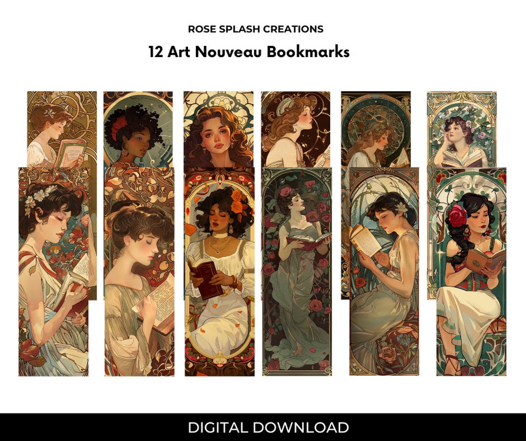 Art Nouveau Printable Bookmarks – Set of 12 Designs Featuring Women of ...