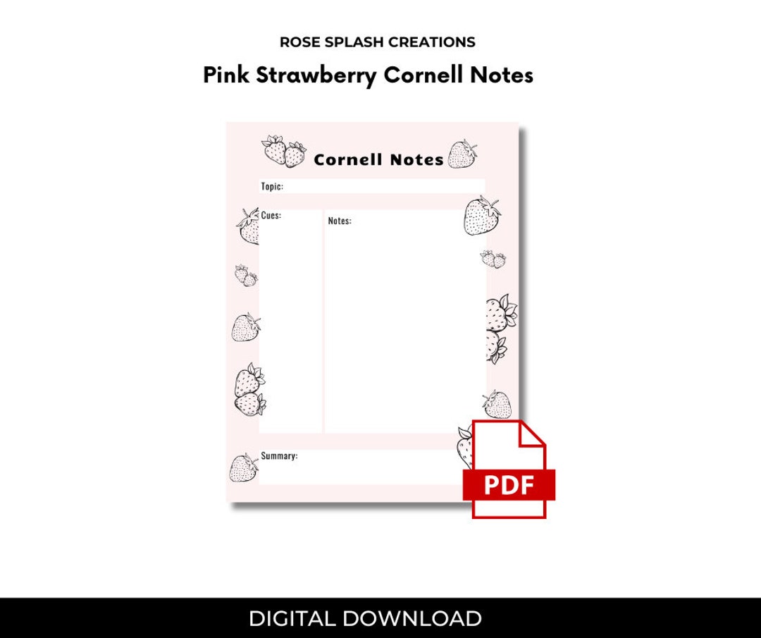 Pink Strawberry Cornell Notes Printable| Digital Download Cornell Notes ...