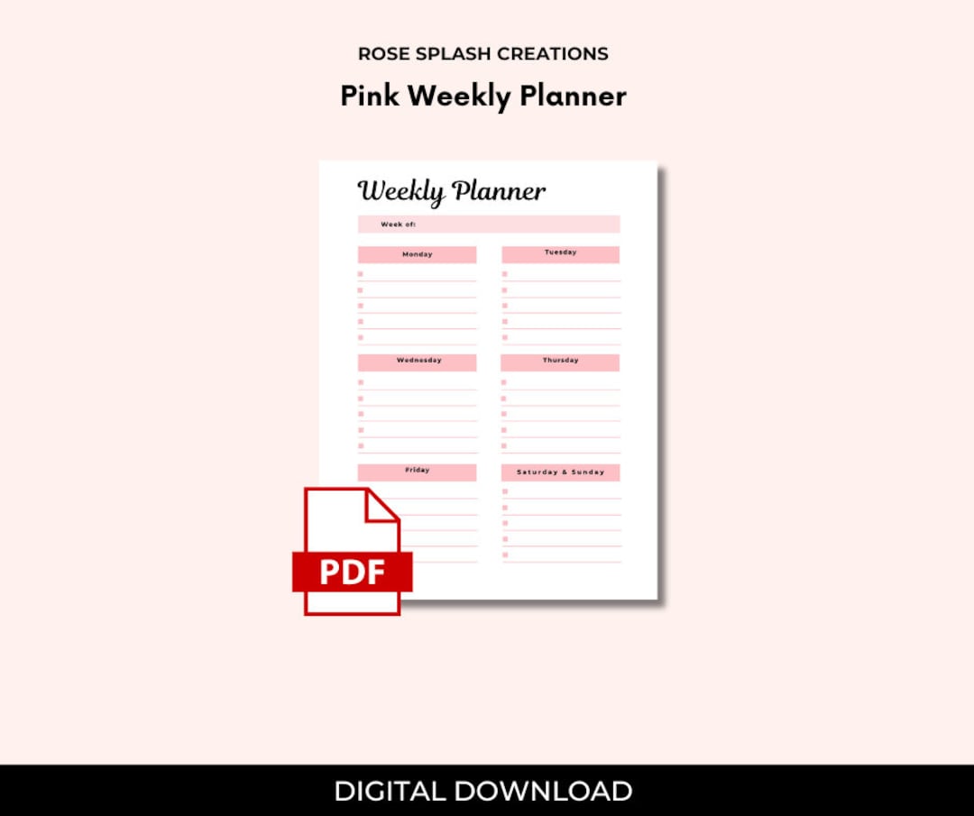 Pink Weekly Planner Printable| Week at a Glance Planner| Simple Weekly ...