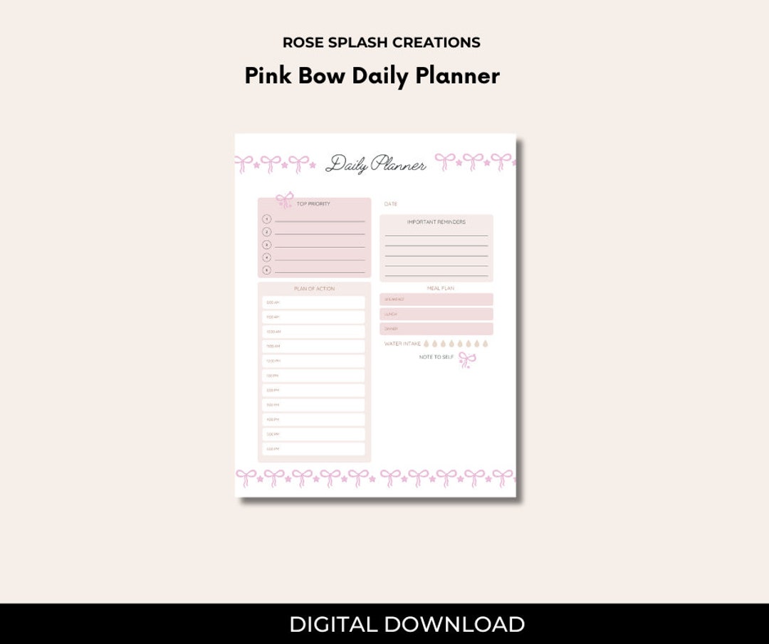 Pink Daily Planner| Pink Bow Daily Planner| Daily Planner for Working ...