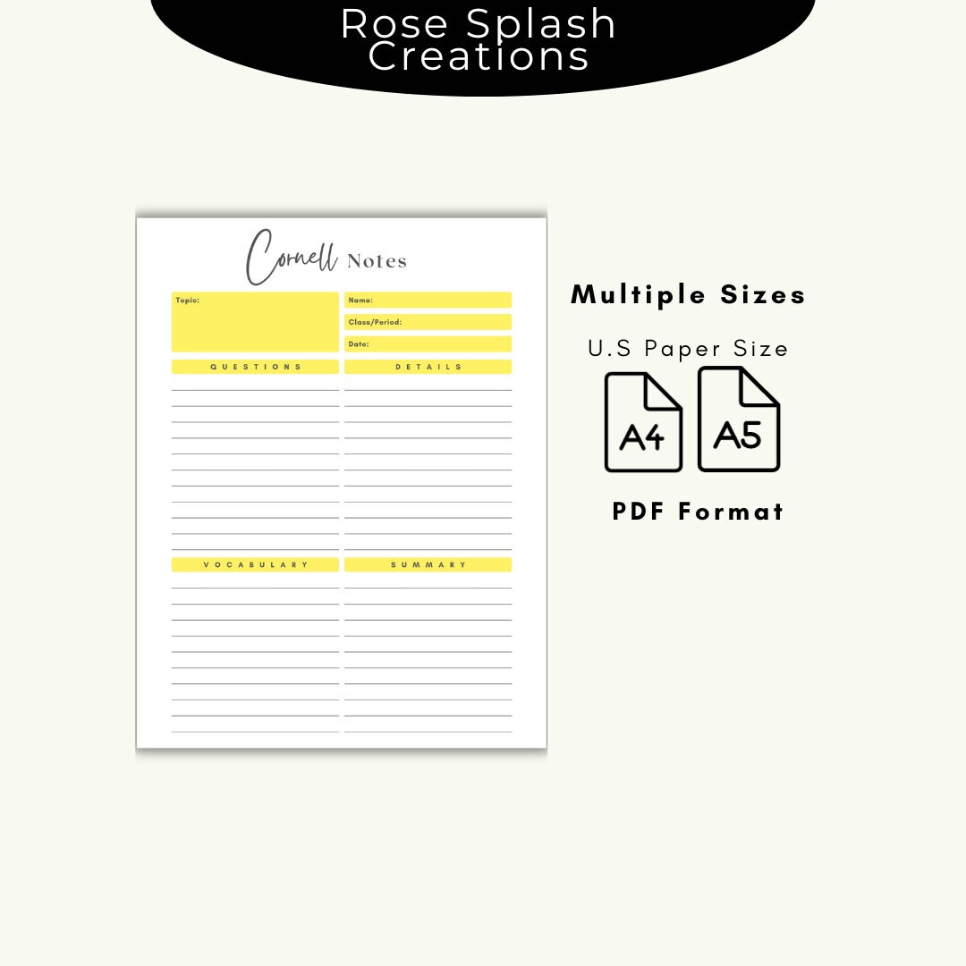 Yellow Cornell Notes Printable Note Taking Printables Student Note ...