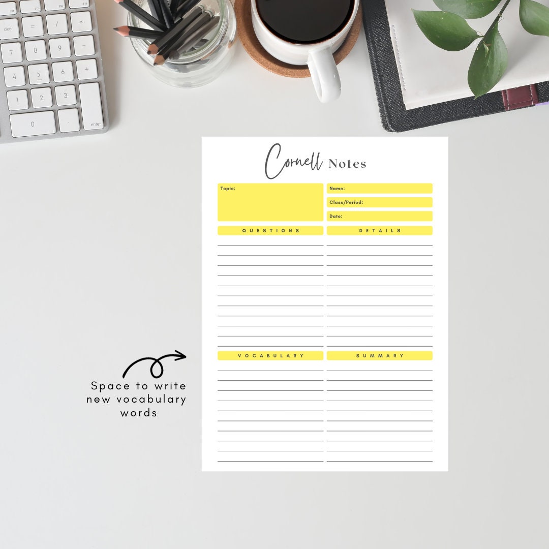 Yellow Cornell Notes Printable Note Taking Printables Student Note ...