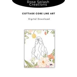 Cottage Core Line Art, Cottage Core Wall Art, Girl With Bow Art Print ...