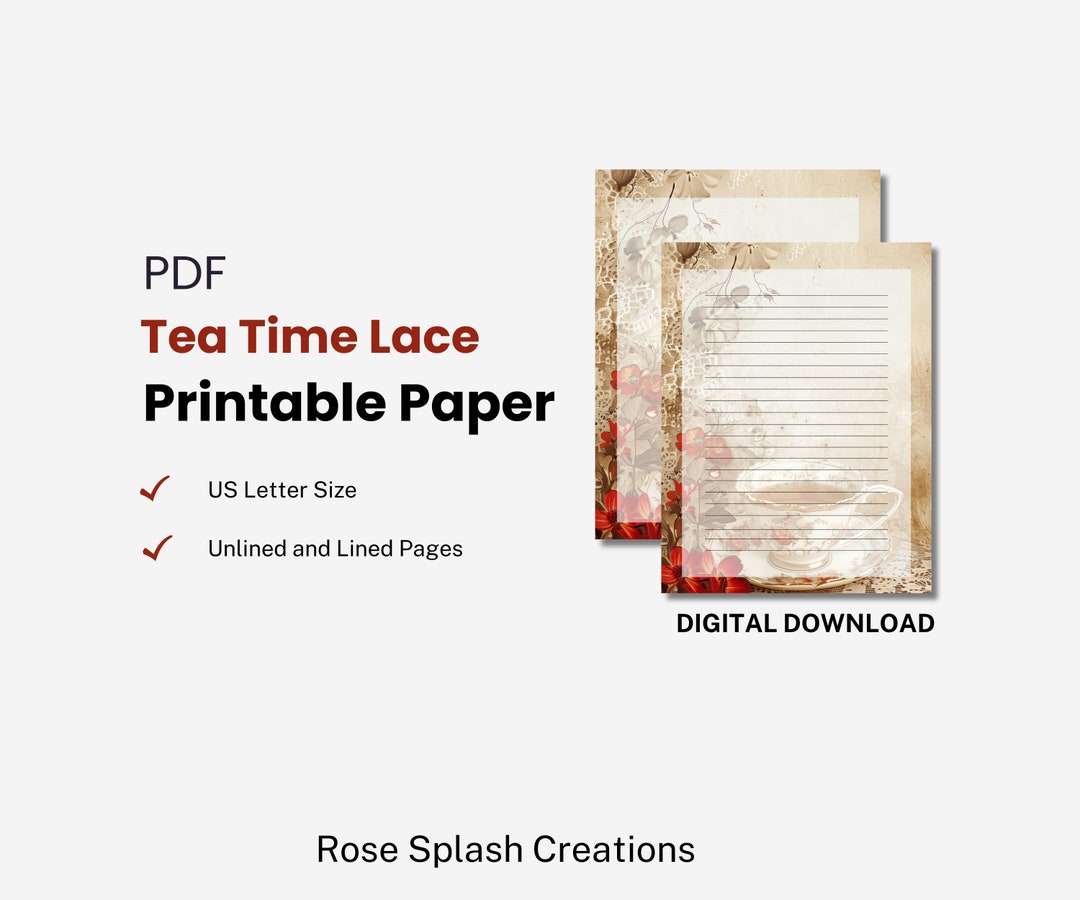 Tea Time Lace Printable Paper | Printable PDF Set| Unlined and Lined ...