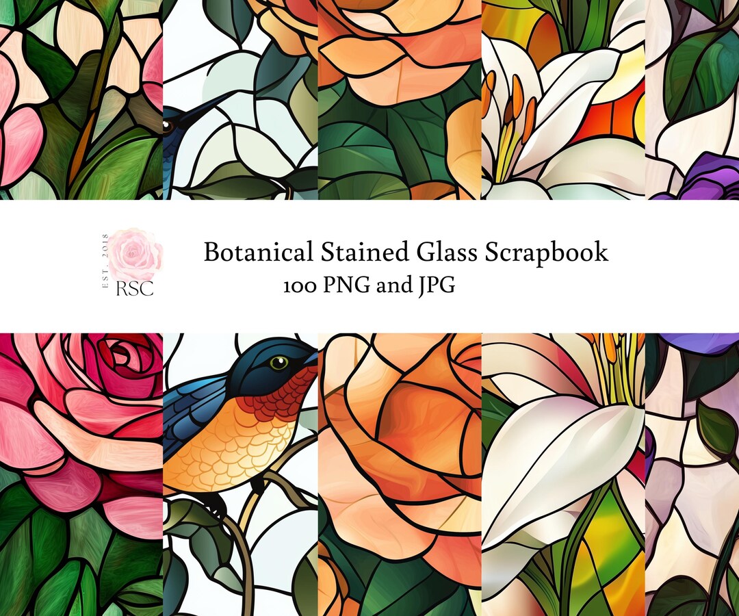 100 Botanical Stained Glass Digital Paper Set 12x12 Digital Download ...