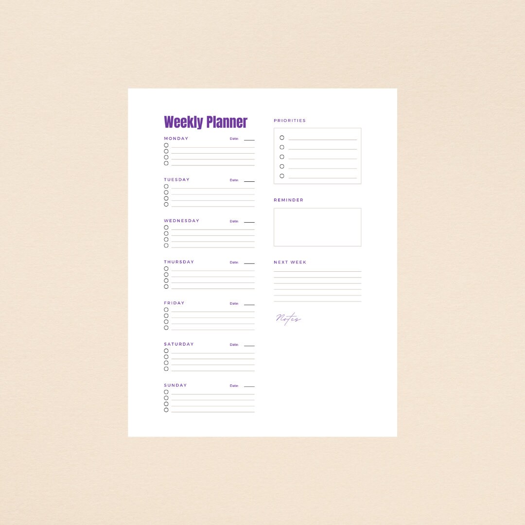 Purple Weekly Planner Printable Week at a Glance PDF Weekly - Etsy