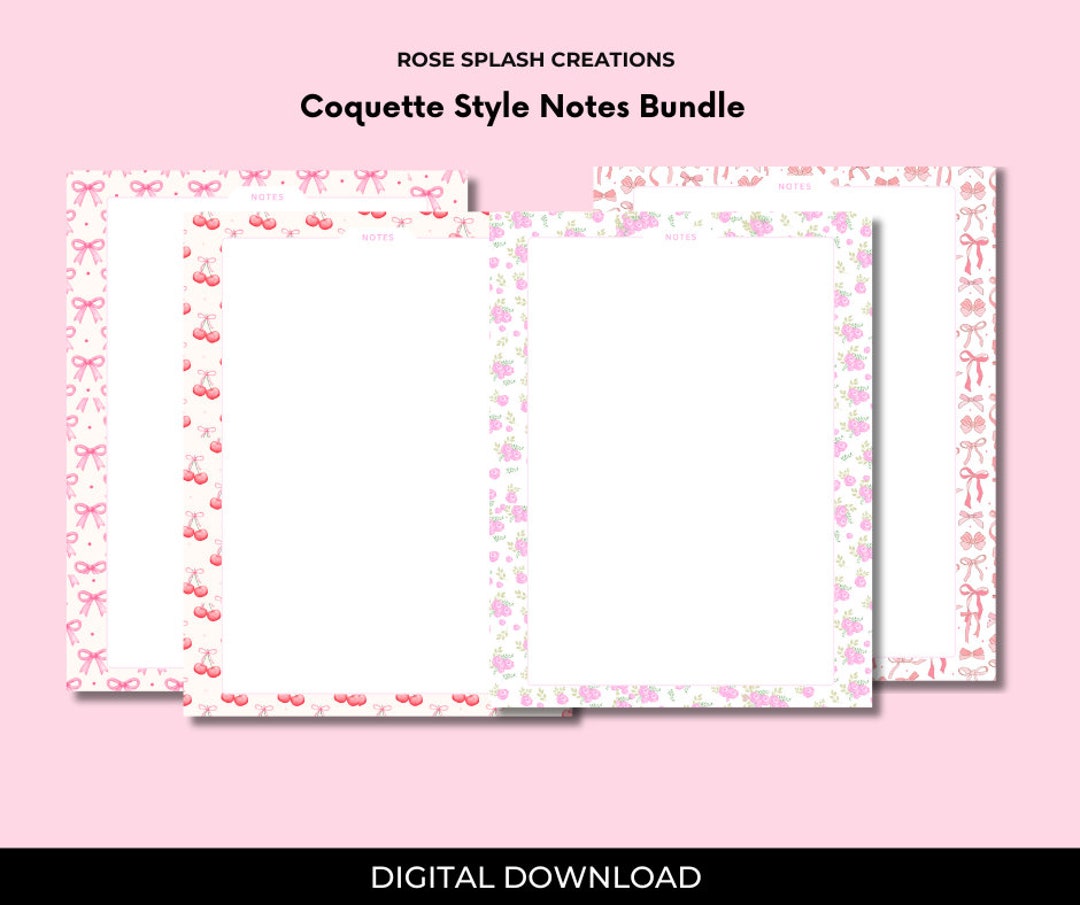 Coquette Style Printable Notes - 4 Page PDF Set | Elegant Stationery ...