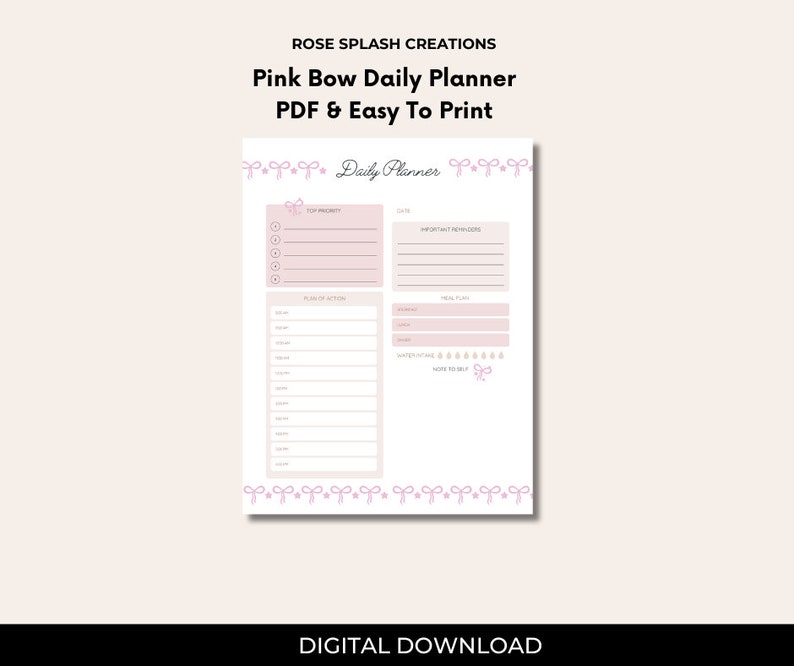 Pink Daily Planner Pink Bow Daily Planner Daily Planner for Working ...