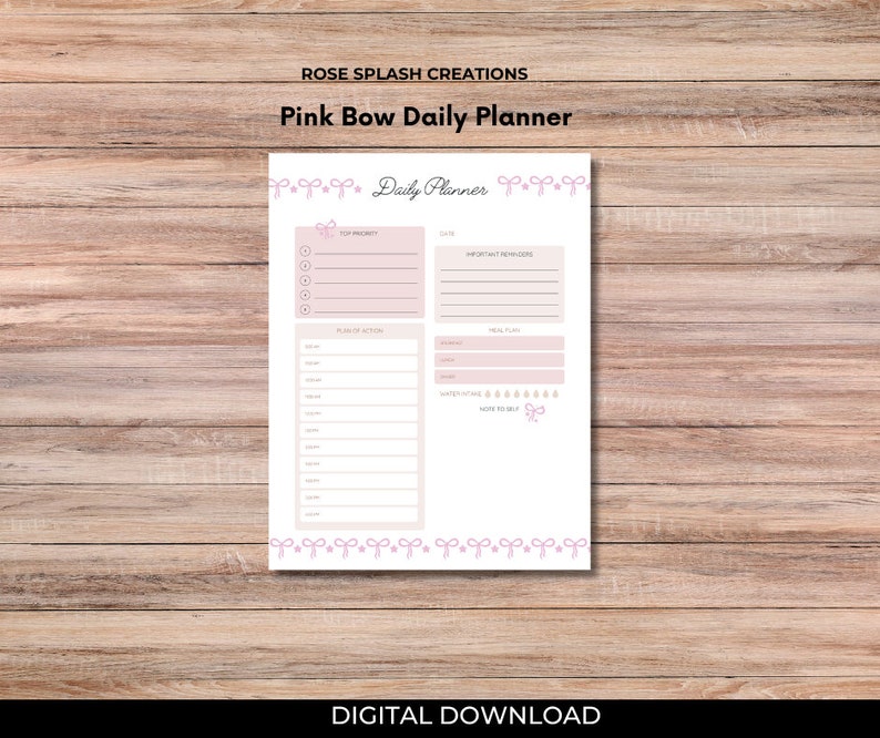 Pink Daily Planner Pink Bow Daily Planner Daily Planner for Working ...