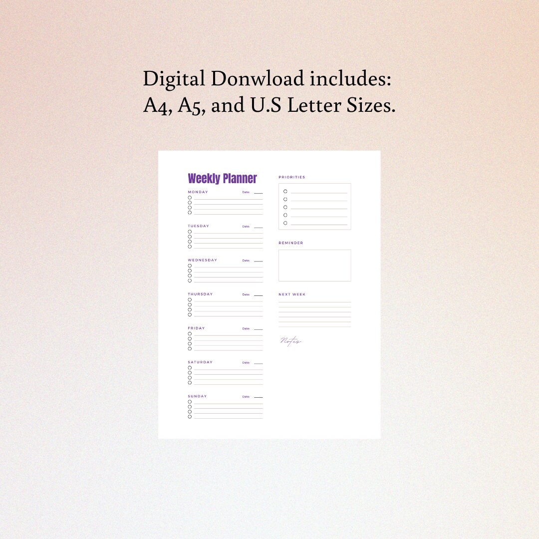Purple Weekly Planner Printable| Week at a Glance PDF| Weekly to Do ...