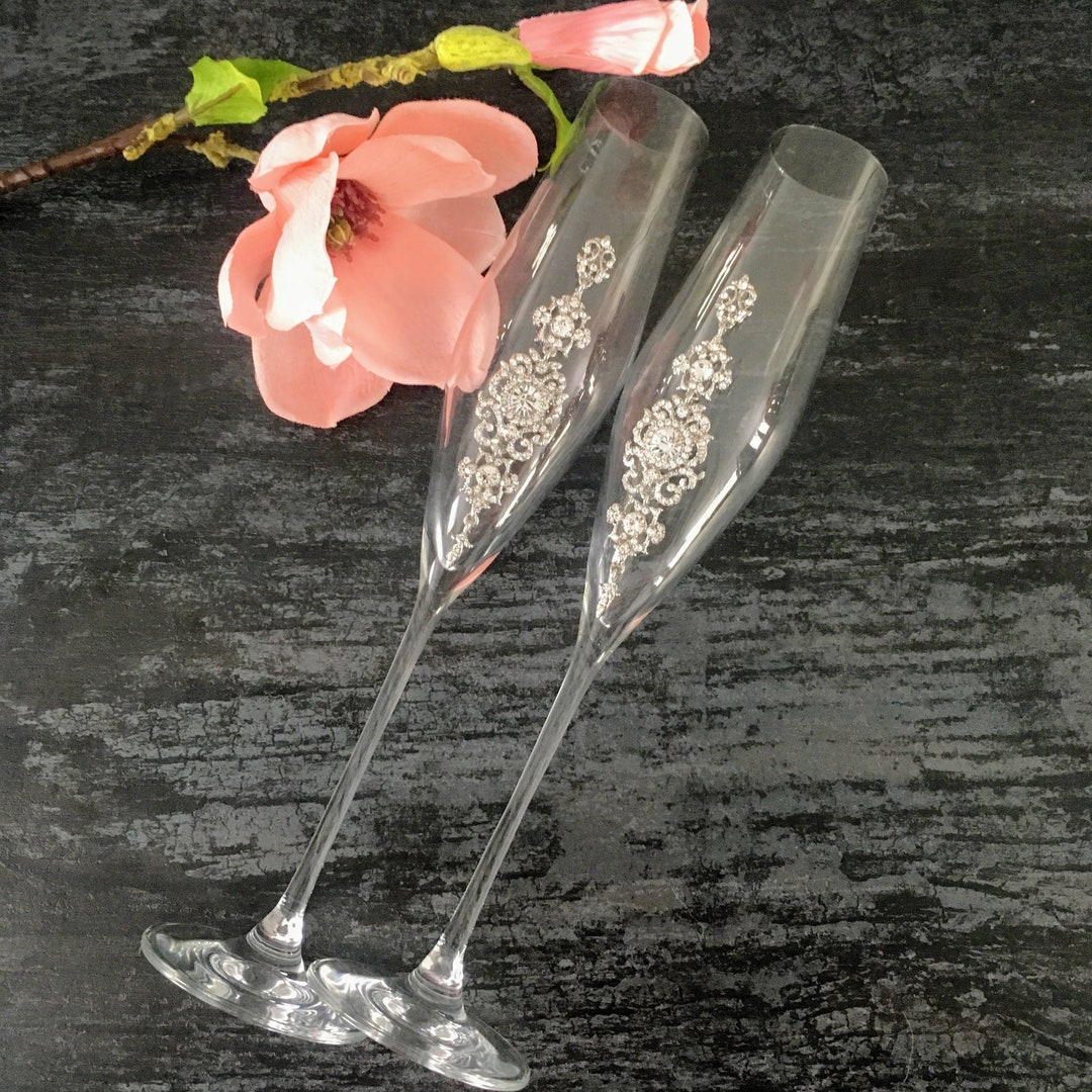 Silver Wedding Champagne Glasses | Wedding Toasting Glasses Set of 2 ...