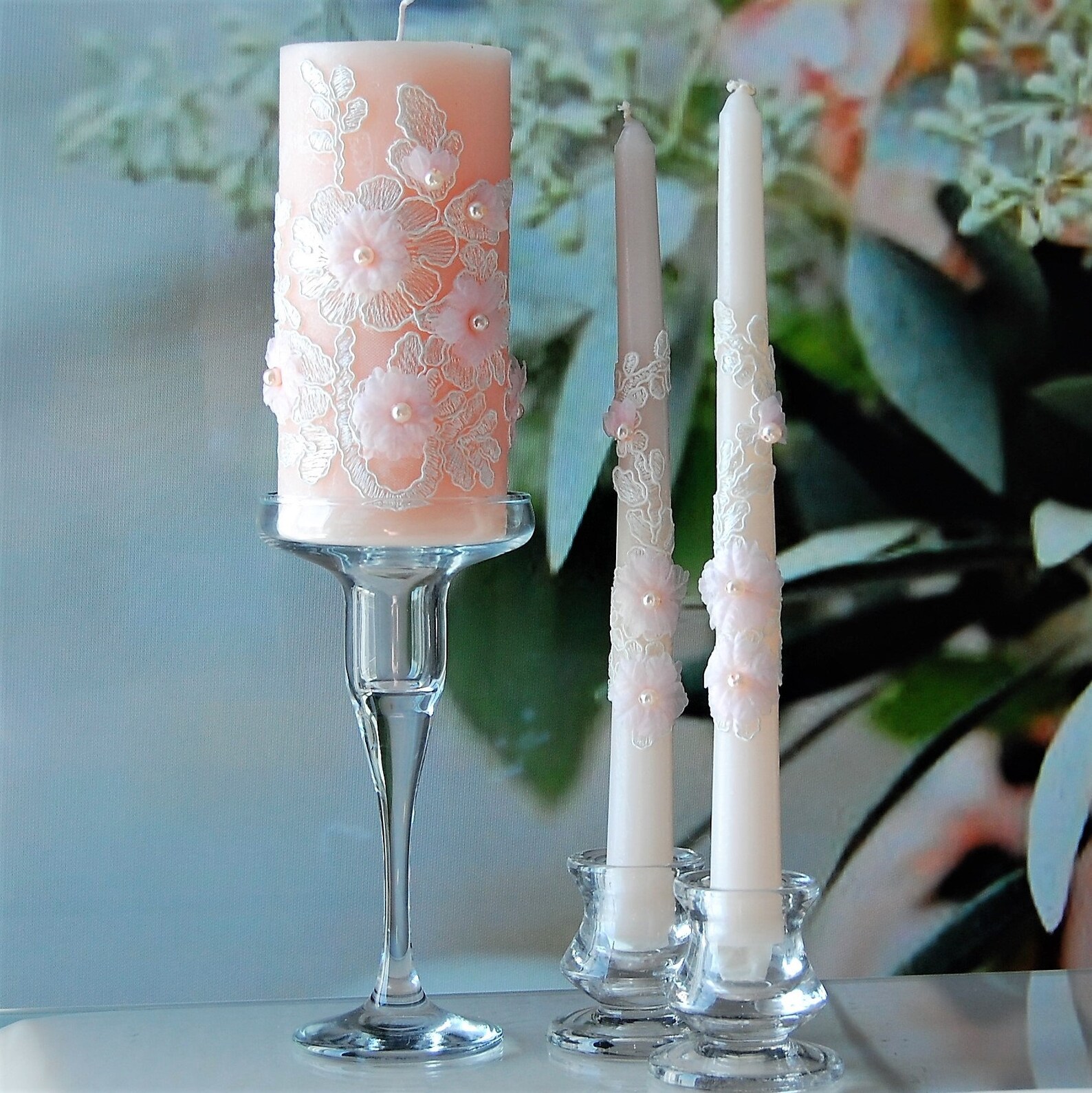 Unity candle set with flowers and pearls Unity candles set | Etsy