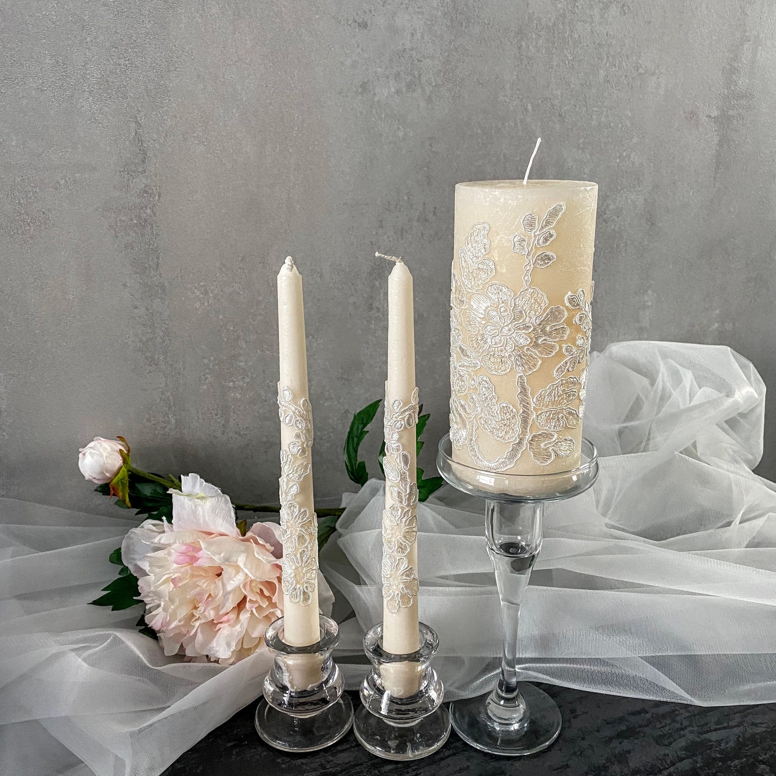 Wedding Unity Candle Set With Lace | Beige Unity Candles for Church ...